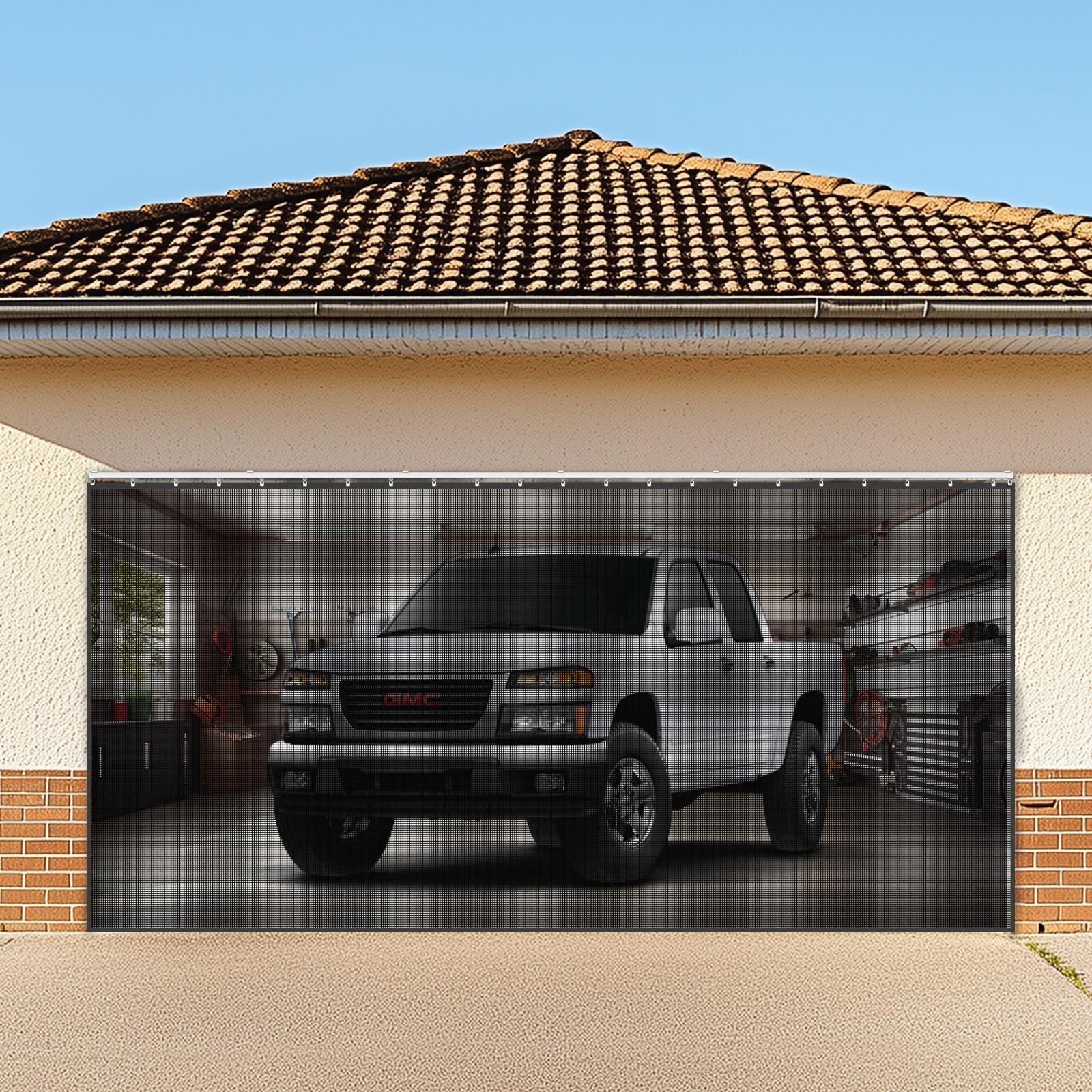 Sliding Garage Door Screen with Track Closure - Retractable Privacy Curtain Keep Annoying Animals Out Easy Install Heavy Duty Fiberglass Mesh Net for Opening Garage Patio (Black, 16 ft x 7 ft)