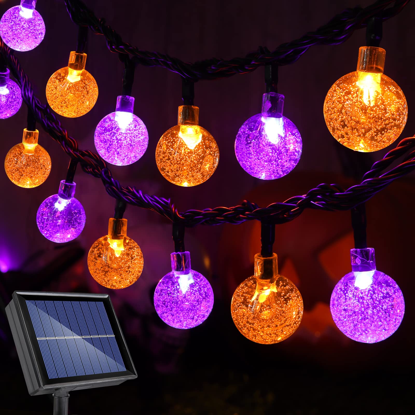 Lomotech Orange Purple Solar Halloween Lights, 72FT 100 LED Halloween Globe Lights, 8 Modes Waterproof Halloween Lights for Halloween Decoration