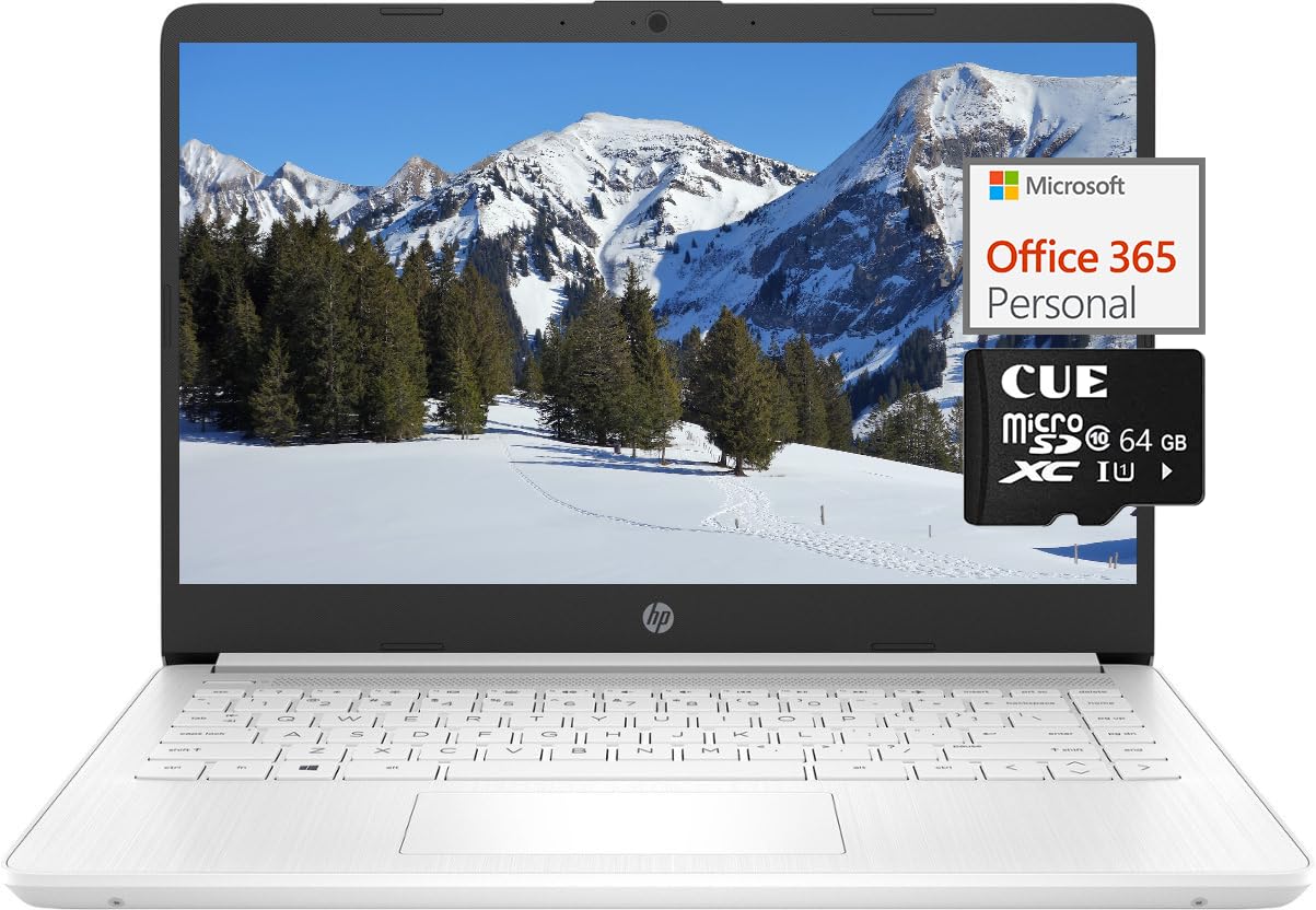 HP Newest 14" Ultral Light Student Laptop, Intel N4120 Quad-Core(> N4020), 8GB RAM, 128GB Storage(64GB eMMC+64GBSD Card), One Year Office 365, WiFi, Webcam, HDMI, USB-A&C, Win 11