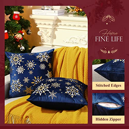 Lewondr Christmas Throw Pillow Covers, Snowflake Embroidery Hot Stamping Pattern Pillowcases Home Xmas Decorative Cushion Covers Soft for Sofa Bed Chair, 2 Pack, Navy Blue