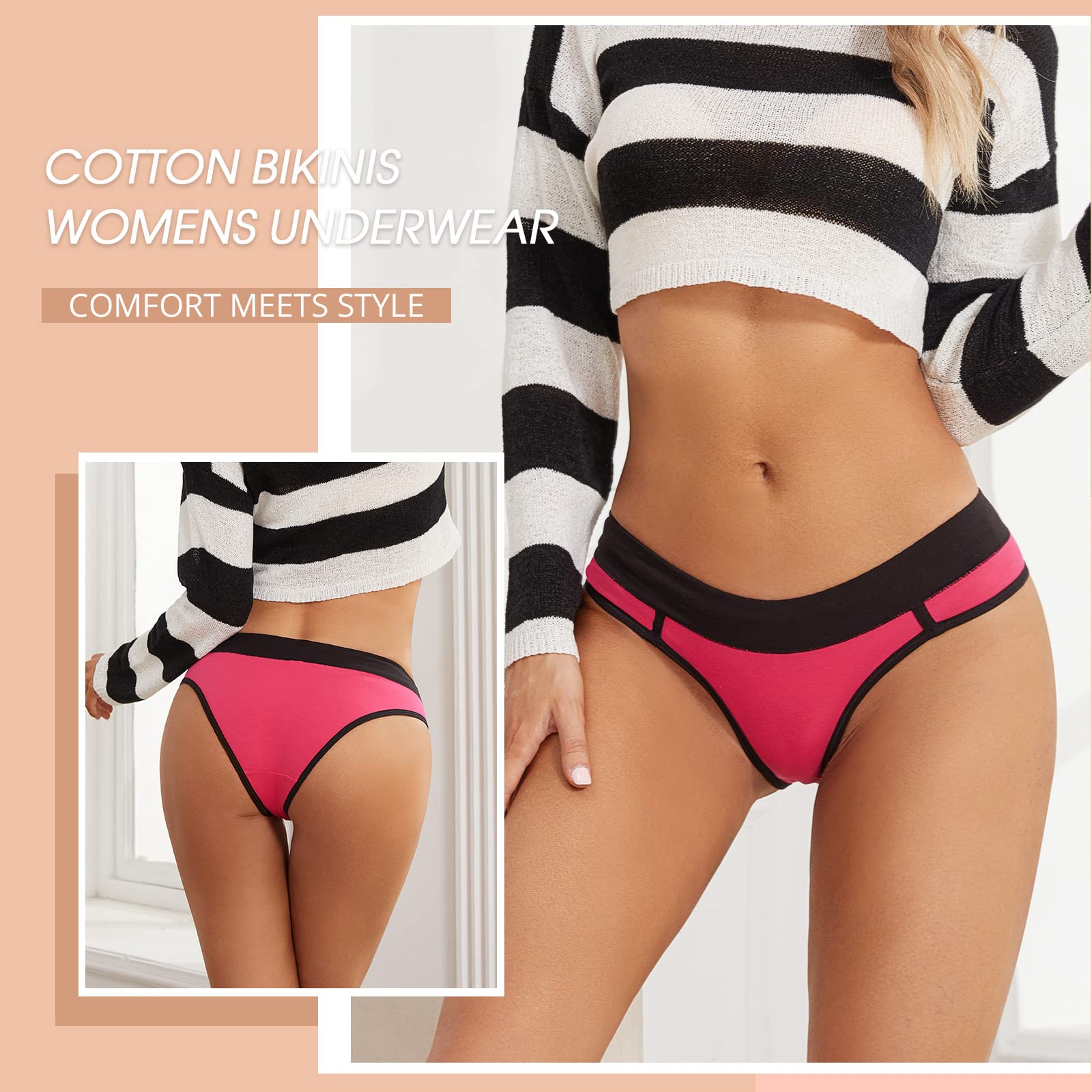 BAJAOEY Cheeky Underwear for Women, Womens Underwear Cotton Pop Vivid Color Soft Bikinis Panties for Young Ladies 5 Pack