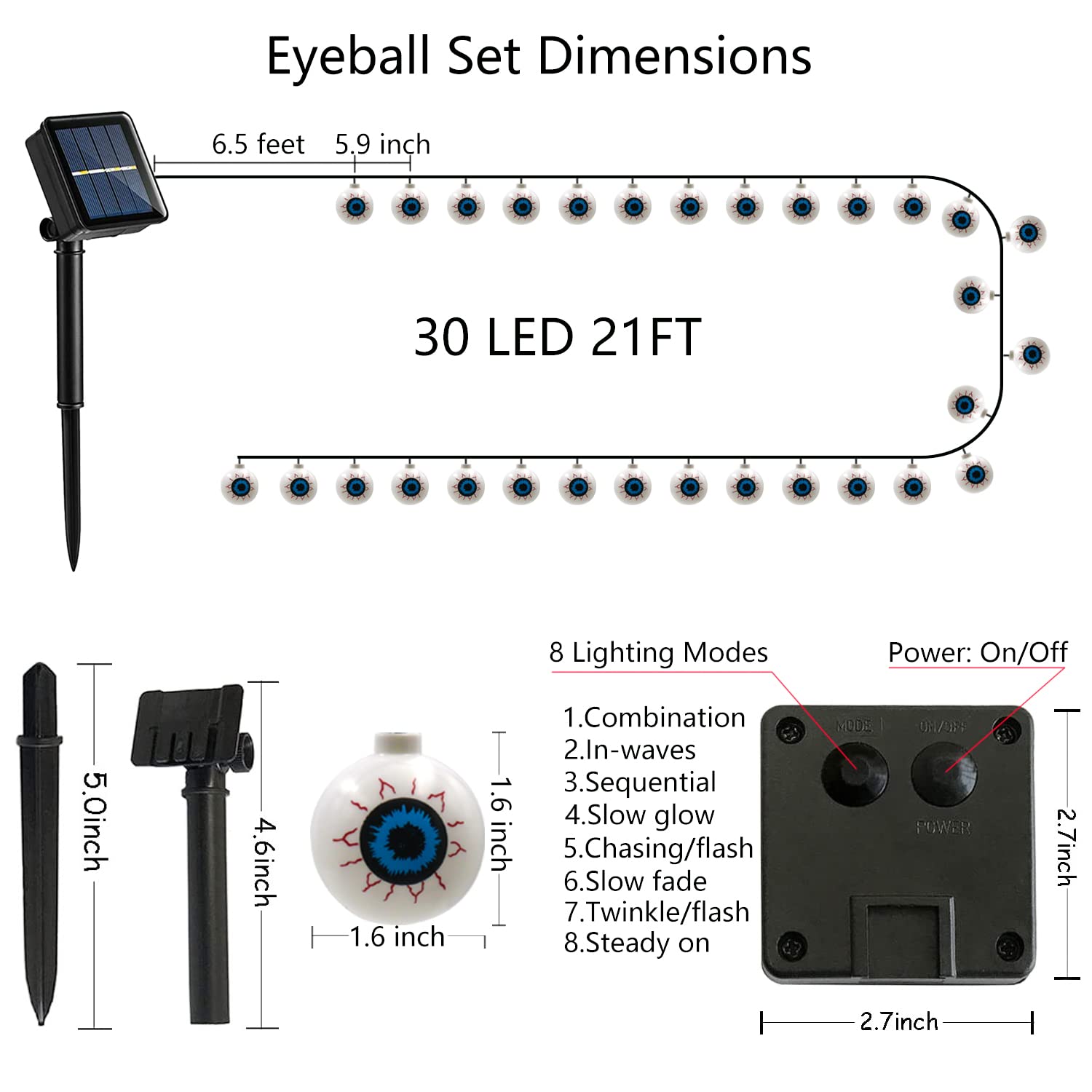Halloween Decorations Solar Eyeball String Lights Outdoor, Solar Halloween Lights with 30 LED Scary Green Eyeballs, Waterproof Solar Halloween String Lights for Garden Tree Patio Yard Party Decor
