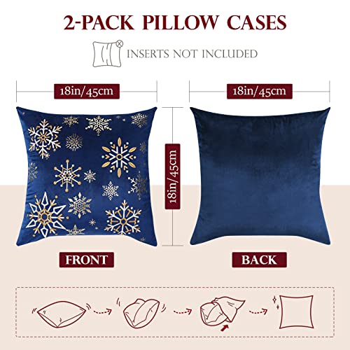 Lewondr Christmas Throw Pillow Covers, Snowflake Embroidery Hot Stamping Pattern Pillowcases Home Xmas Decorative Cushion Covers Soft for Sofa Bed Chair, 2 Pack, Navy Blue