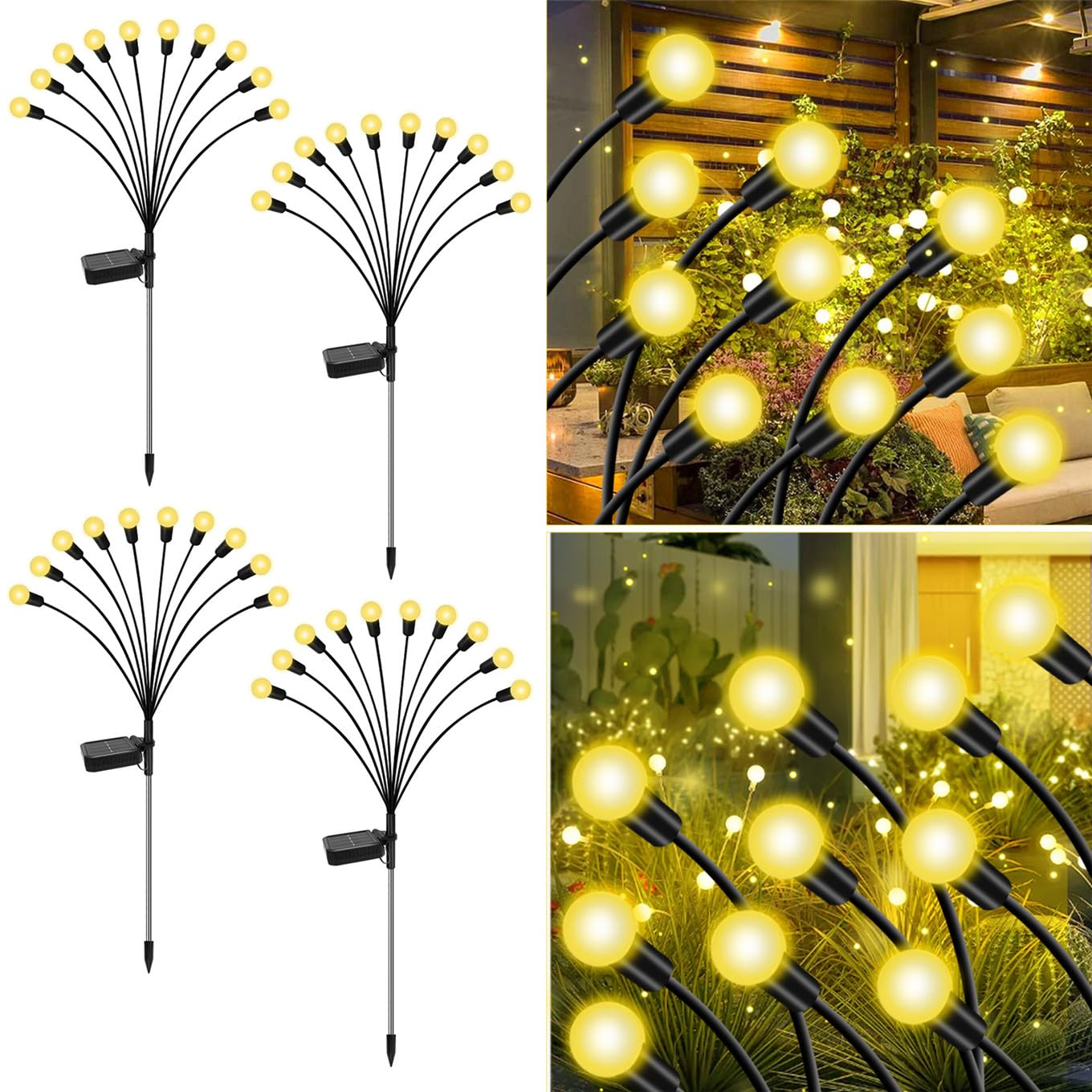 Jpnew Solar Garden Lights 4 Pack Solar Firefly Lights 10LED Waterproof Outdoor Solar Swaying Light, Sway by Wind for Pathway Yard Walkway Patio Fence Decorations Warm White