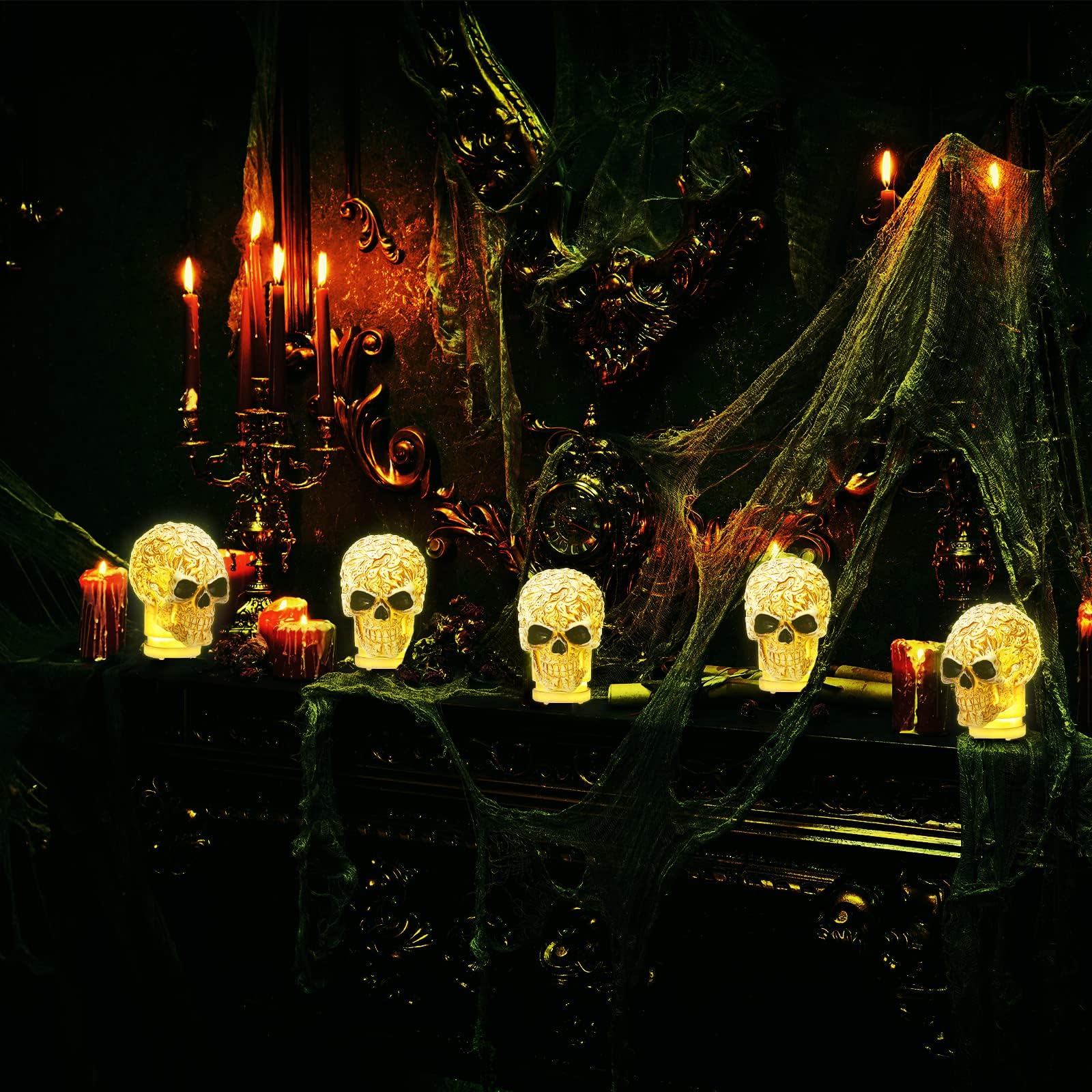 Funck 5PK Halloween Skull Pathway Lights, Waterproof & Battery Operated Skull Stake Lights for Halloween Decorations Outdoor Garden Yard Pathway Decor