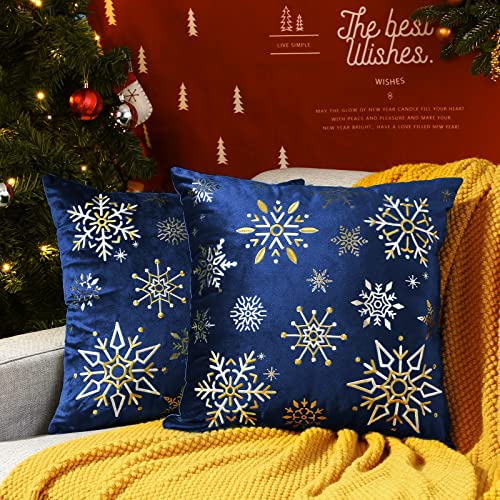 Lewondr Christmas Throw Pillow Covers, Snowflake Embroidery Hot Stamping Pattern Pillowcases Home Xmas Decorative Cushion Covers Soft for Sofa Bed Chair, 2 Pack, Navy Blue