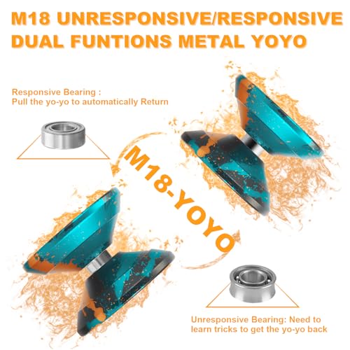 WATIEOBOO M18 Responsive & Professional Unresponsive Yoyo - Kids 8-12 & Adults Pro Metal Trick Yoyo with Yo Yo Bearing Kit, 10 Strings, Case & Gloves (Green, Yellow, Black)