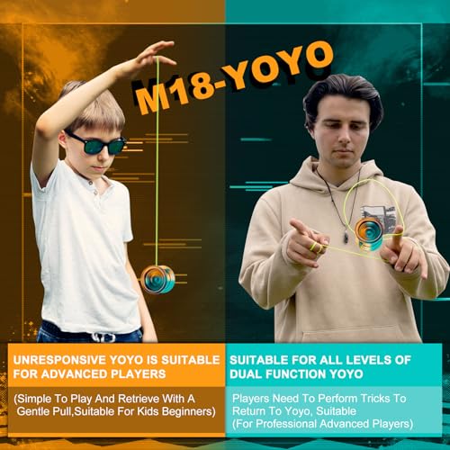 WATIEOBOO M18 Responsive & Professional Unresponsive Yoyo - Kids 8-12 & Adults Pro Metal Trick Yoyo with Yo Yo Bearing Kit, 10 Strings, Case & Gloves (Green, Yellow, Black)