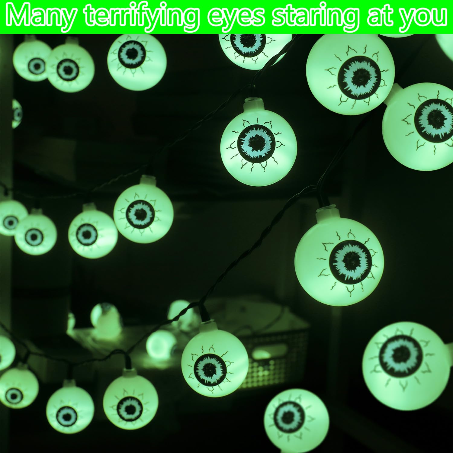 Halloween Decorations Solar Eyeball String Lights Outdoor, Solar Halloween Lights with 30 LED Scary Green Eyeballs, Waterproof Solar Halloween String Lights for Garden Tree Patio Yard Party Decor