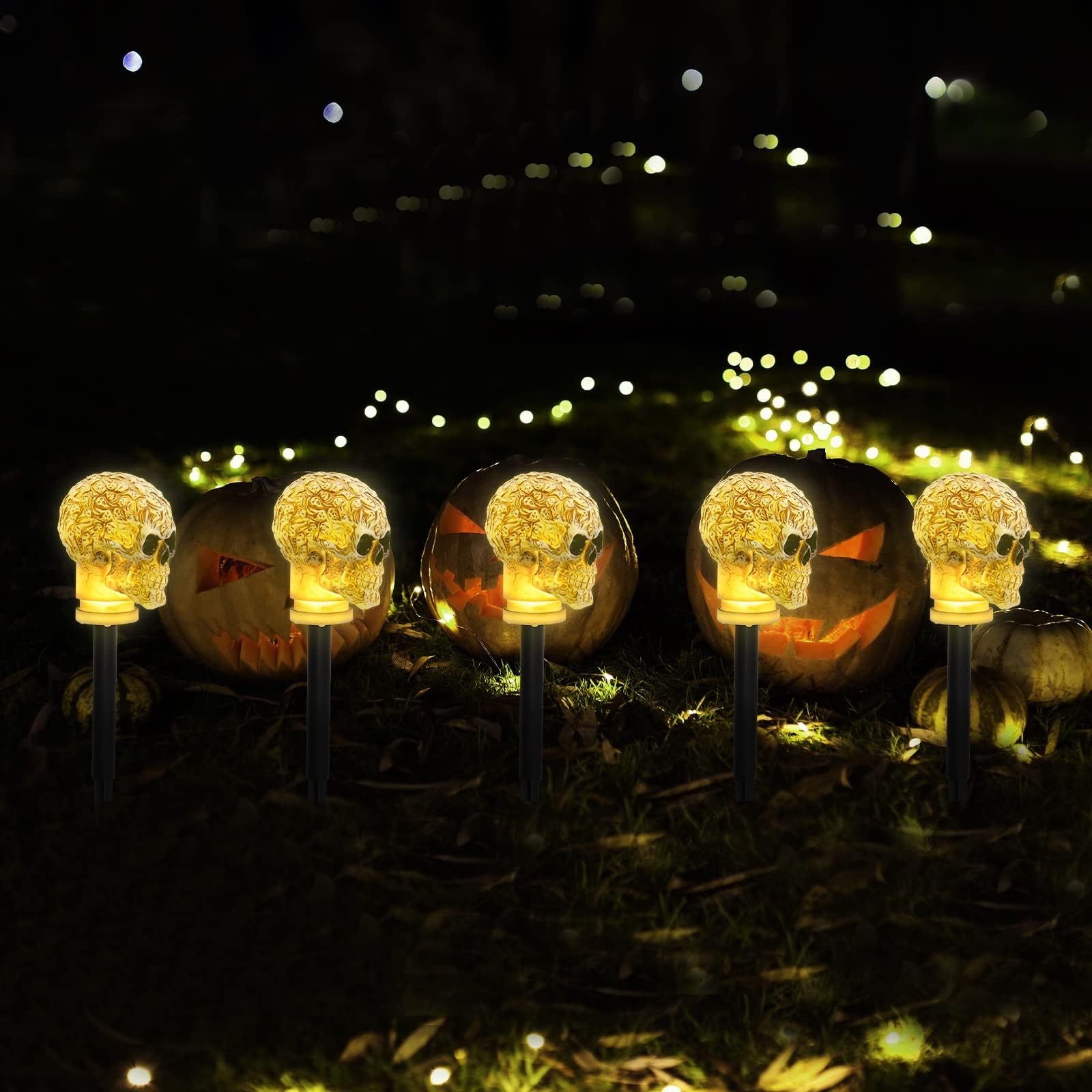 Funck 5PK Halloween Skull Pathway Lights, Waterproof & Battery Operated Skull Stake Lights for Halloween Decorations Outdoor Garden Yard Pathway Decor