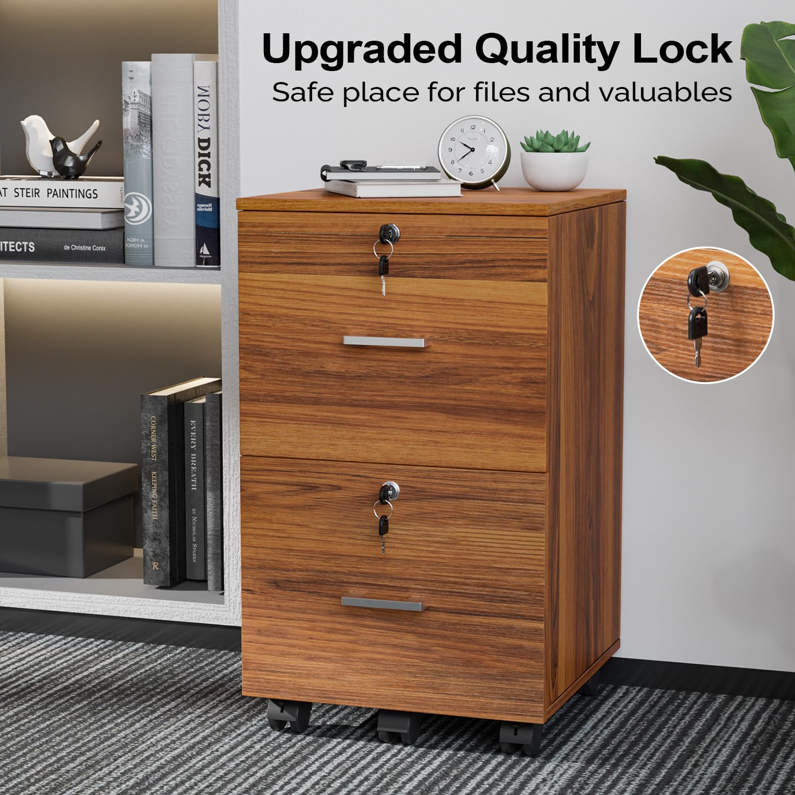 VINGLI 2-Drawer Rolling File Cabinet with Lock, Wood Mobile Filing Cabinet for Hanging Letter Size Filings Under Desk File Cabinet for Home Office, Assembly Required, Classic Walnut, 26.5" H