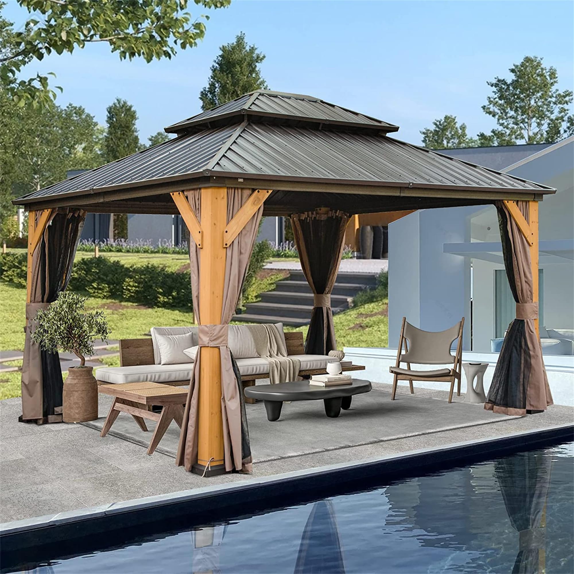 Evedy 12X14 Hardtop Gazebo, Aluminum Frame with Double Mesh Screen, UV Protection, Outdoor Permanent Metal Pavilion with Curtains and Netting for Decks, Gardens, Lawns and Pools
