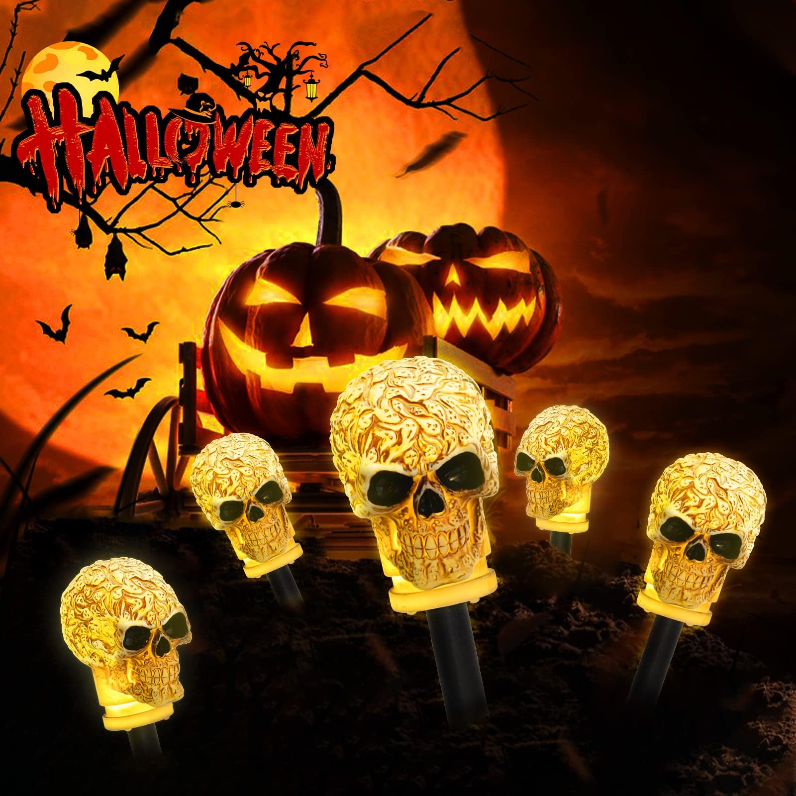 Funck 5PK Halloween Skull Pathway Lights, Waterproof & Battery Operated Skull Stake Lights for Halloween Decorations Outdoor Garden Yard Pathway Decor