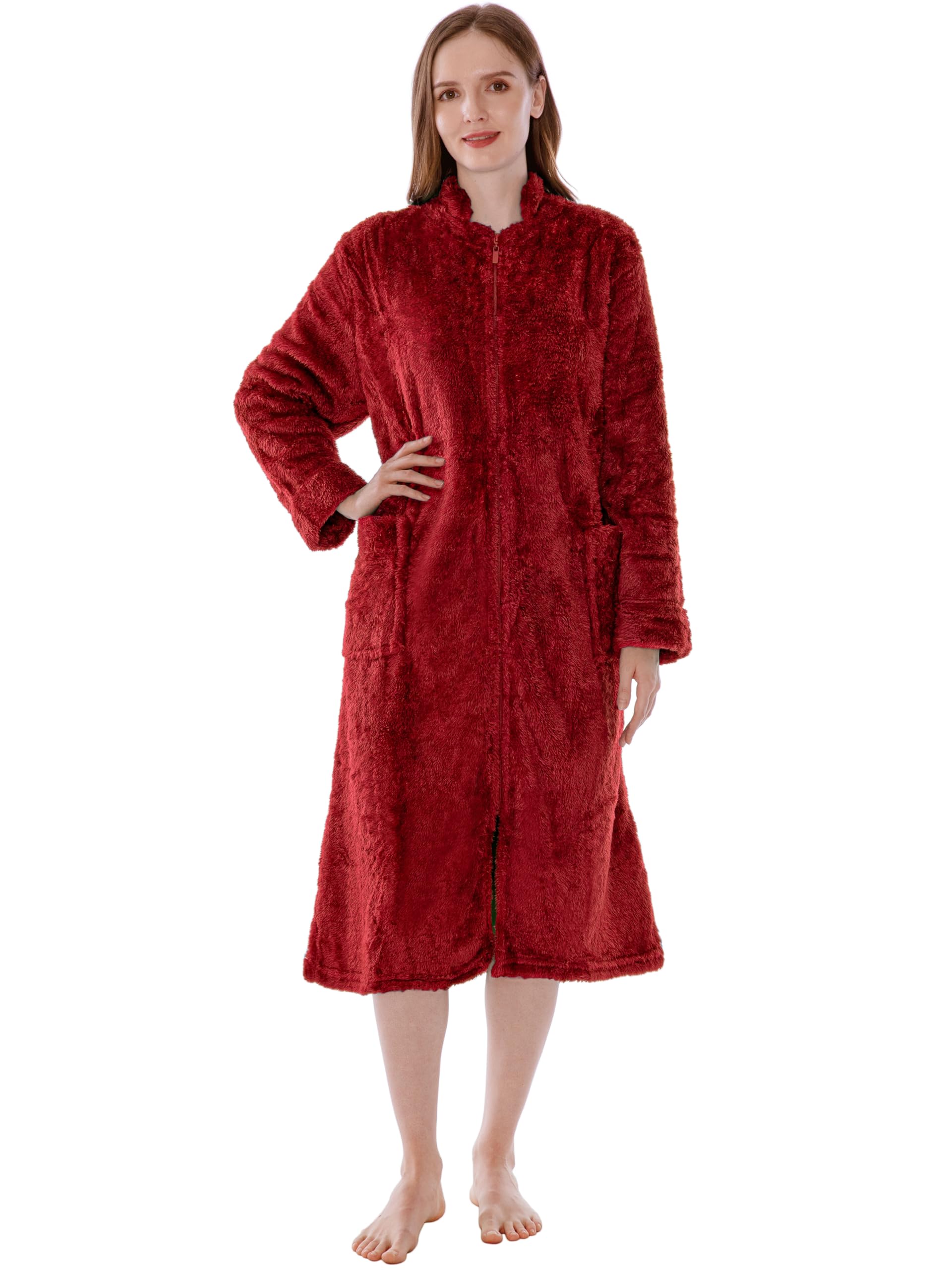 PAVILIA Womens Housecoat Zip Robe, Sherpa Zip Up Front Robe Bathrobe, Fuzzy Warm Zipper House Coat Lounger for Women Ladies Elderly with Pockets, Fluffy Fleece Long - Wine Red (Large/X-Large)