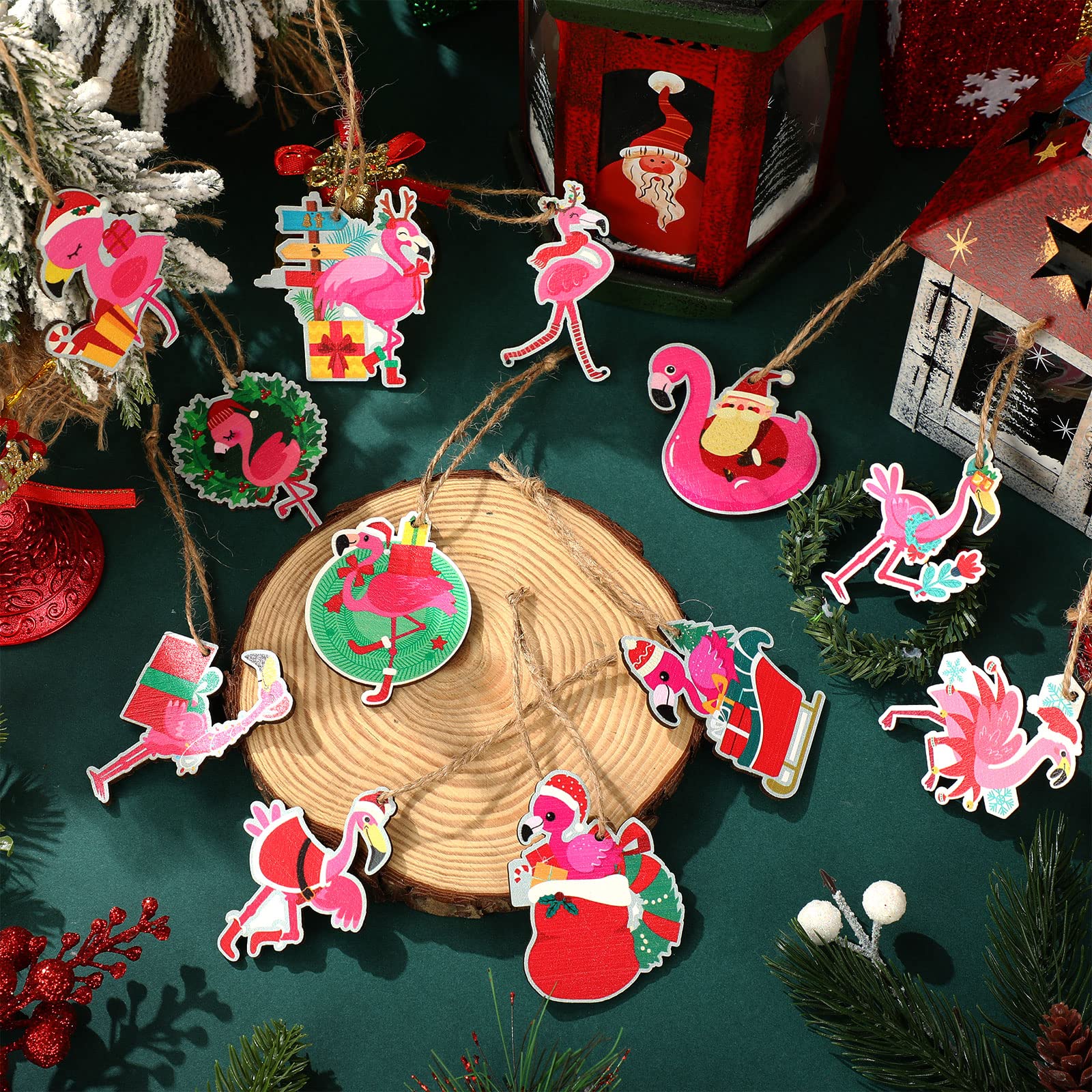 Chunful 24 Pink Flamingo Christmas Ornaments with Santa Hat - Decorative Hanging Ornaments for Xmas Tree & Party