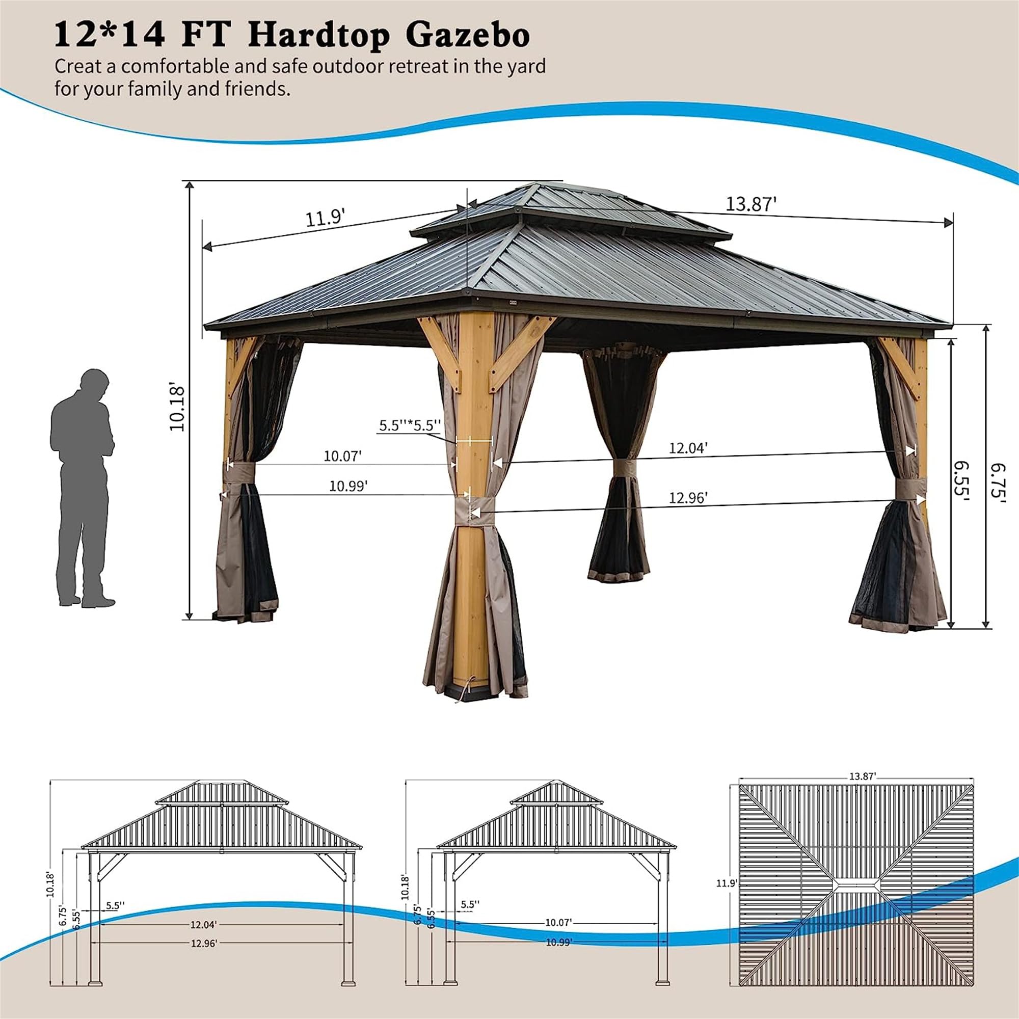 Evedy 12X14 Hardtop Gazebo, Aluminum Frame with Double Mesh Screen, UV Protection, Outdoor Permanent Metal Pavilion with Curtains and Netting for Decks, Gardens, Lawns and Pools
