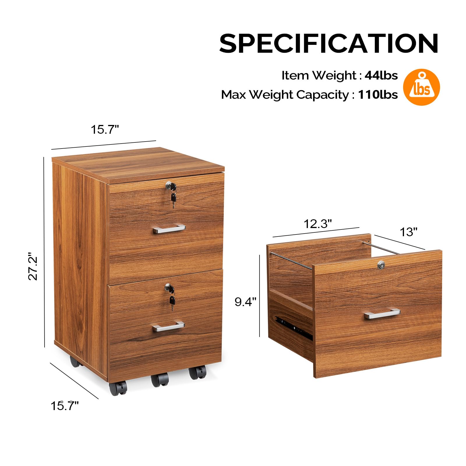 VINGLI 2-Drawer Rolling File Cabinet with Lock, Wood Mobile Filing Cabinet for Hanging Letter Size Filings Under Desk File Cabinet for Home Office, Assembly Required, Classic Walnut, 26.5" H