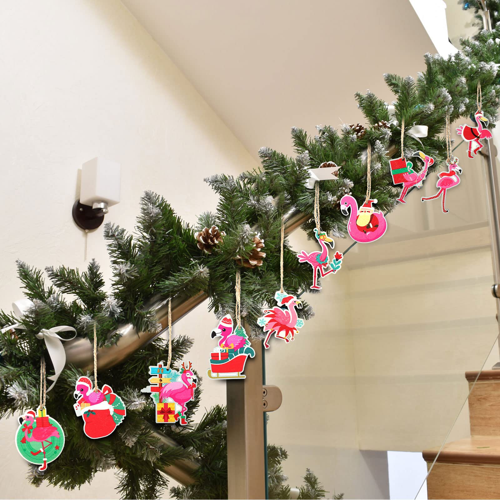 Chunful 24 Pink Flamingo Christmas Ornaments with Santa Hat - Decorative Hanging Ornaments for Xmas Tree & Party