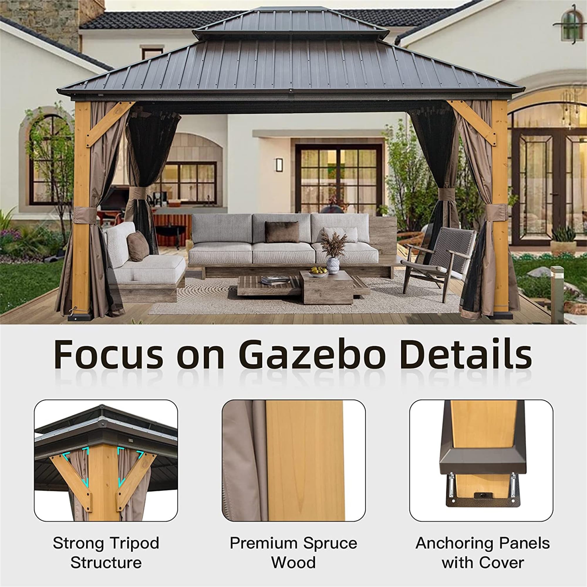 Evedy 12X14 Hardtop Gazebo, Aluminum Frame with Double Mesh Screen, UV Protection, Outdoor Permanent Metal Pavilion with Curtains and Netting for Decks, Gardens, Lawns and Pools