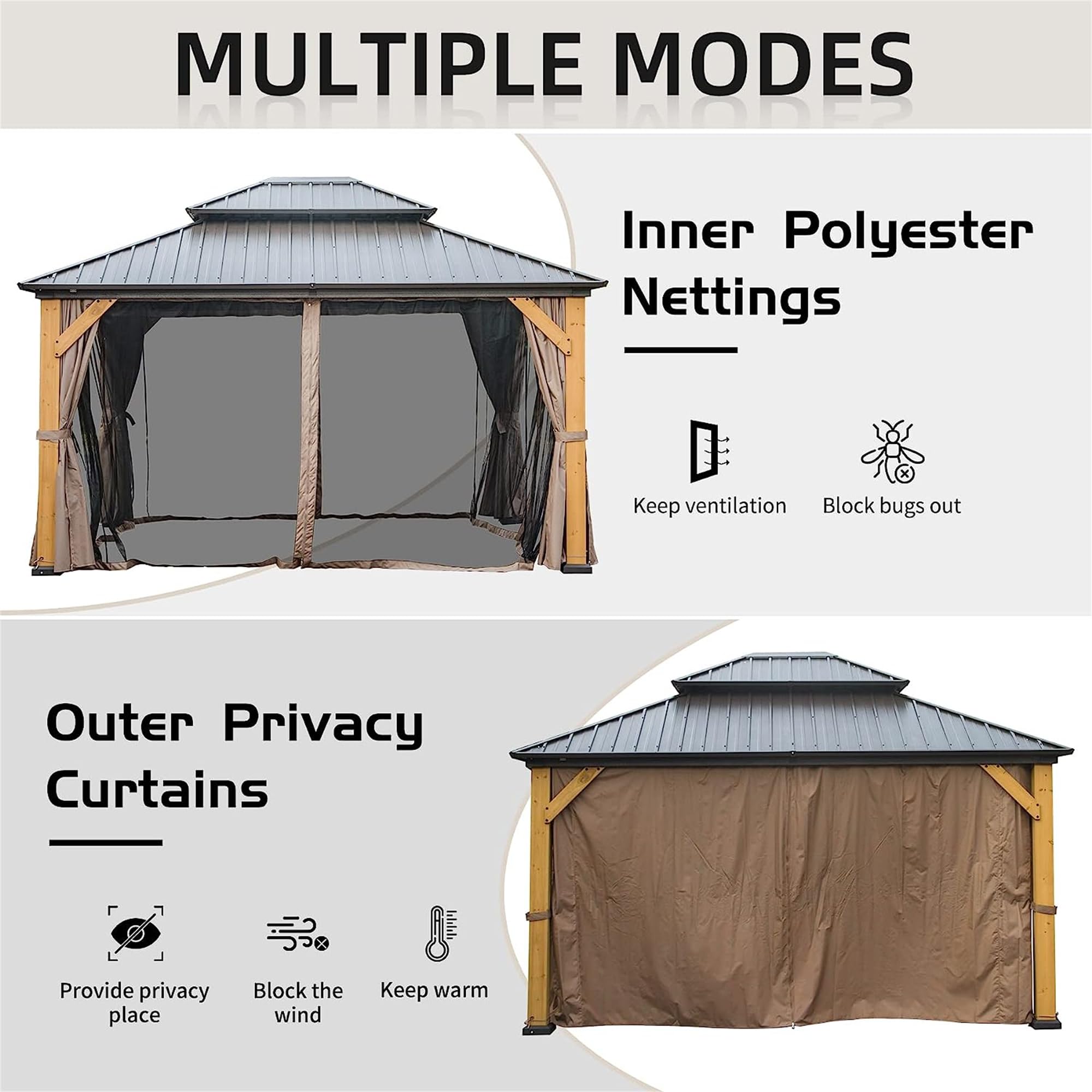 Evedy 12X14 Hardtop Gazebo, Aluminum Frame with Double Mesh Screen, UV Protection, Outdoor Permanent Metal Pavilion with Curtains and Netting for Decks, Gardens, Lawns and Pools