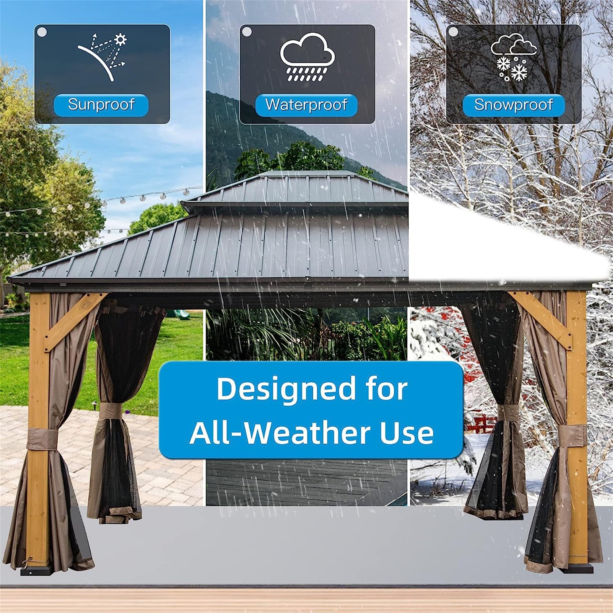 Evedy 12X14 Hardtop Gazebo, Aluminum Frame with Double Mesh Screen, UV Protection, Outdoor Permanent Metal Pavilion with Curtains and Netting for Decks, Gardens, Lawns and Pools