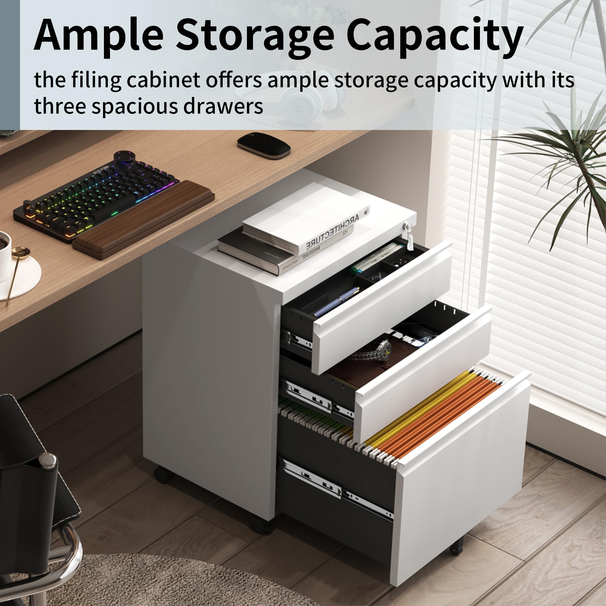 Approgreent Mobile File Cabinet for Home Office, Lockable 3 Drawer Filing Cabinet with Wheels for A4-Size/Letter-Size/Legal-Size, Fully Assembled Except Casters, White