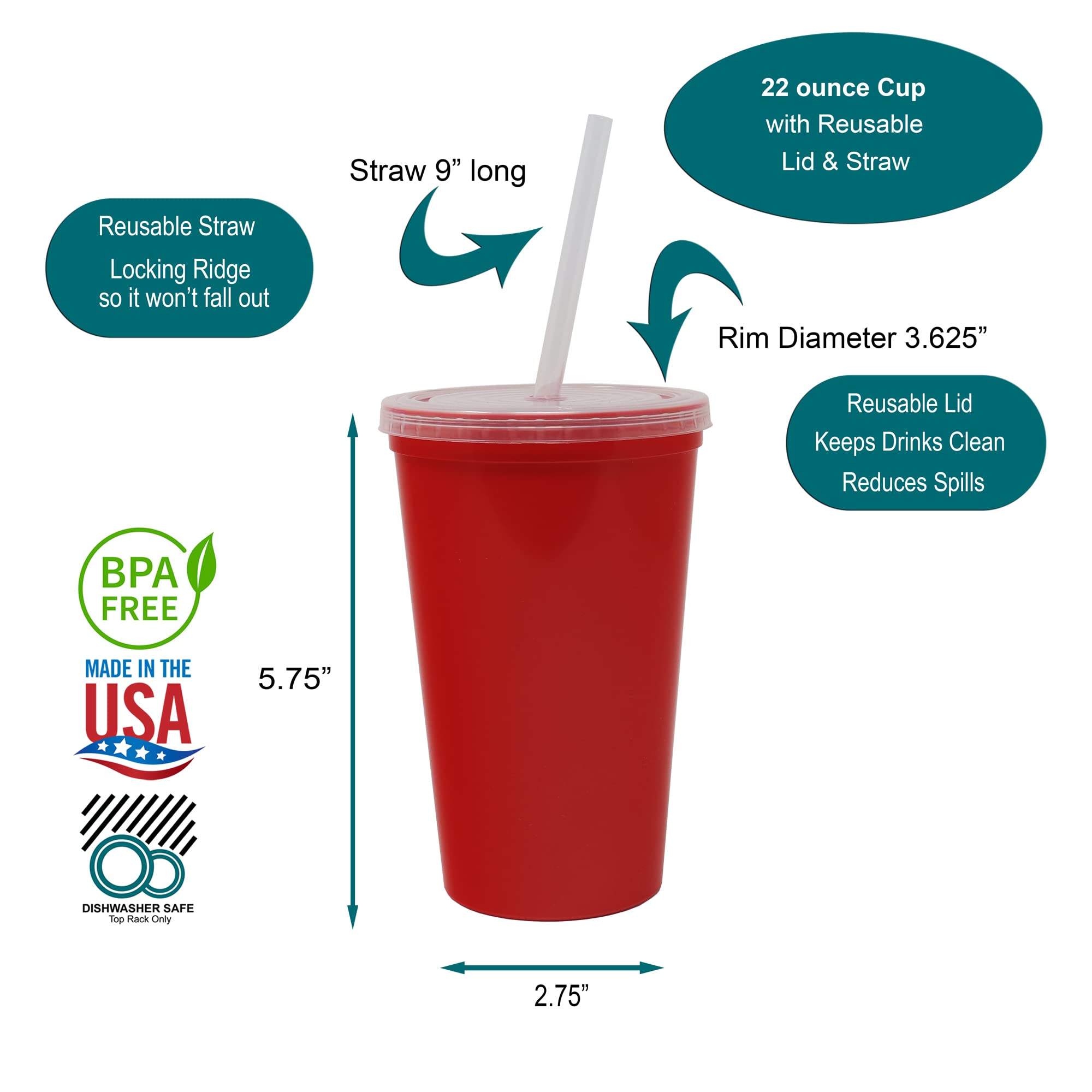 Rolling Sands 22 oz Reusable Plastic Cups with Lids, 10 Pack, USA Made Rainbow Tumblers; Includes 10 Reusable Straws; Dishwasher Safe