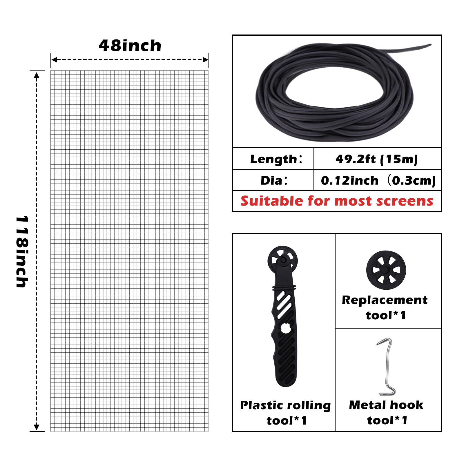 HTVRONT Window Screen Replacement and Screen Repair Kit for Windows or Doors, 48"*118" Window Screen Roll with Rolling Tool/Hook/Spline, Screen Door Repair Kit-Black