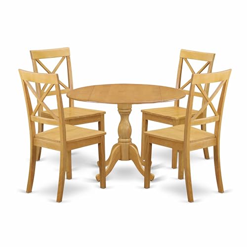 East West Furniture DMBO5-OAK-W 5 Piece Kitchen Table & Chairs Set Includes a Round Dining Table with Dropleaf and 4 Dining Room Chairs, 42x42 Inch, Oak