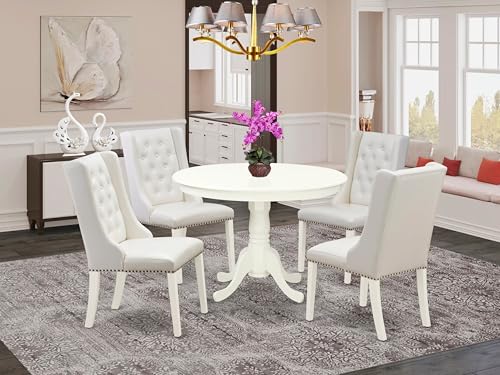 East West Furniture HLFO5-LWH-44 5 Piece Dining Table Set for 4 Includes a Round Kitchen Table with Pedestal and 4 Light Grey Faux Leather Parson Dining Chairs, 42x42 Inch, Linen White