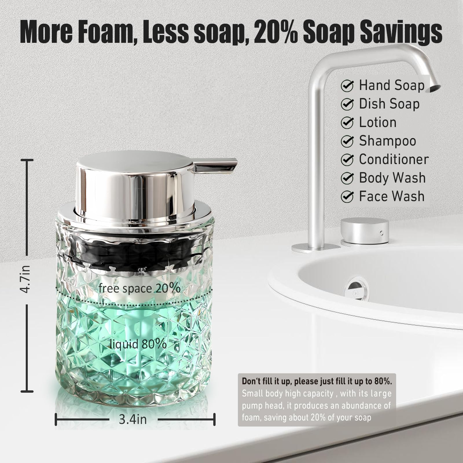 MALACHI Foaming Hand Soap Dispenser, Bathroom Soap Dispenser or Lotion Dispenser for Kitchen,Refillable Clear Glass Soap Dispenser with Large Pump (Clear-Foaming)