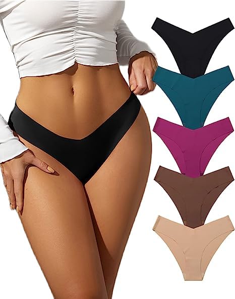 chelectnis Seamless Underwear Cheeky Bikini Panties for Women Nude Underwear No show Stretch Ice Silk Briefs 5 Pack S-XL