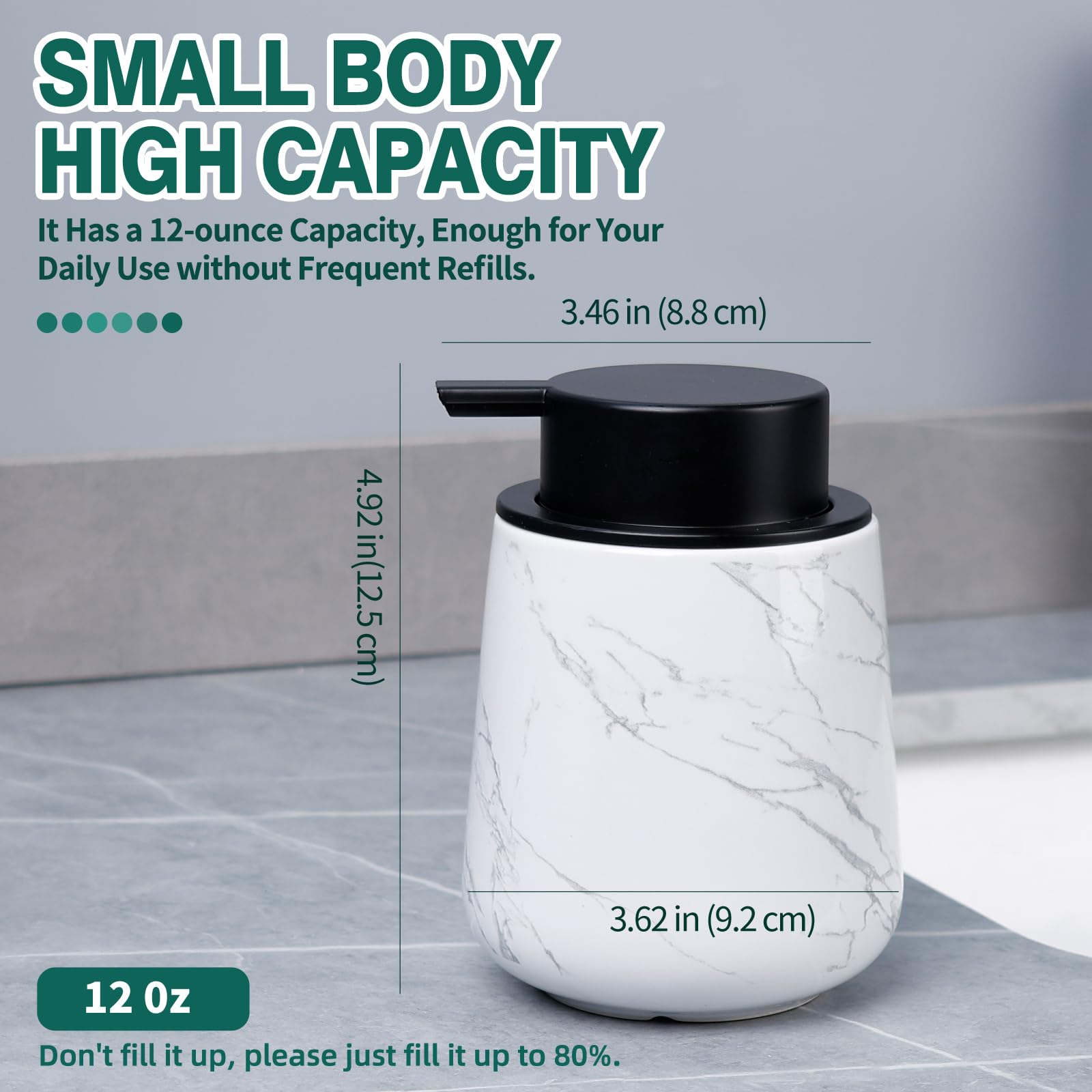 Bosilunlife Ceramic Foaming Soap Dispenser - 12 oz Marble Foam Hand Soap Dispenser Bathroom Countertop Soap Dispensers Kitchen Dish Soap Pump Dispenser Liquid Soap Dispenser for Bathroom