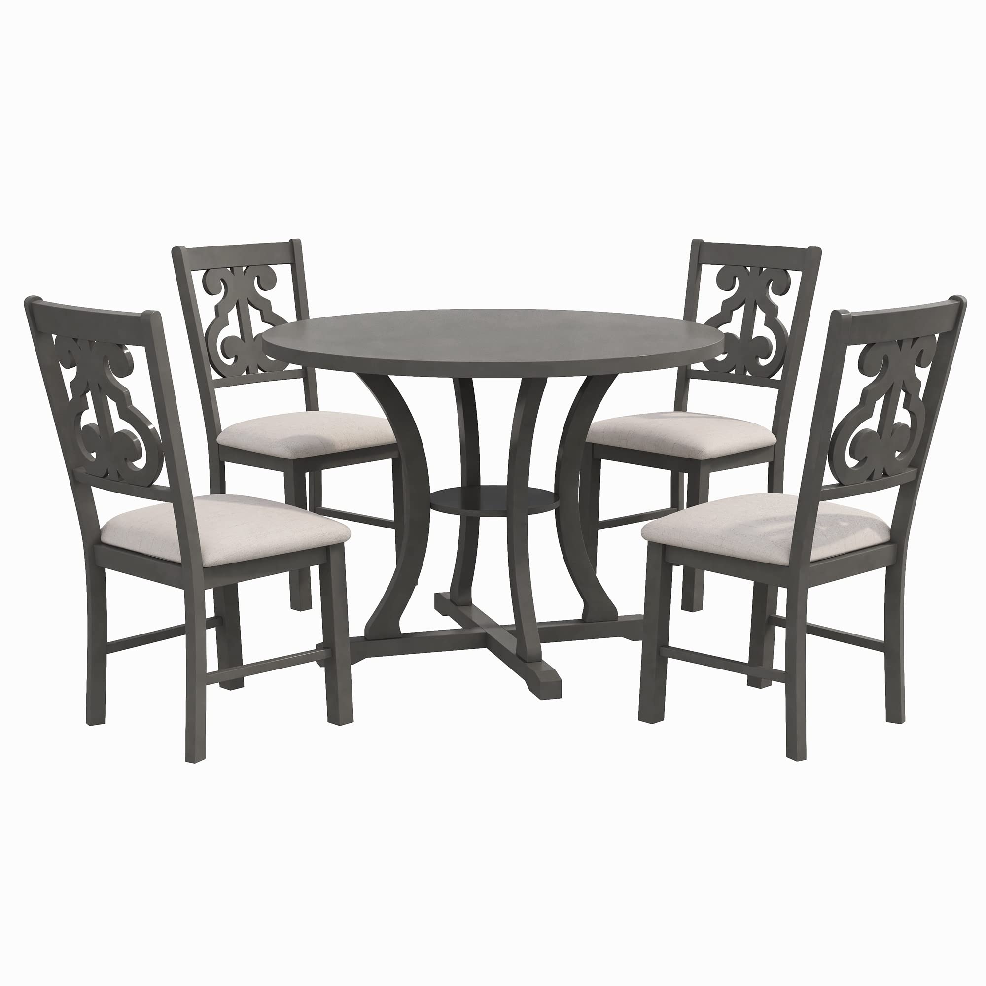 5 Piece Kitchen Table Set with Storage Shelf and Special-Shaped Legs, Retro Style Round Dining Table Set with Hollow Chair Back, Gray