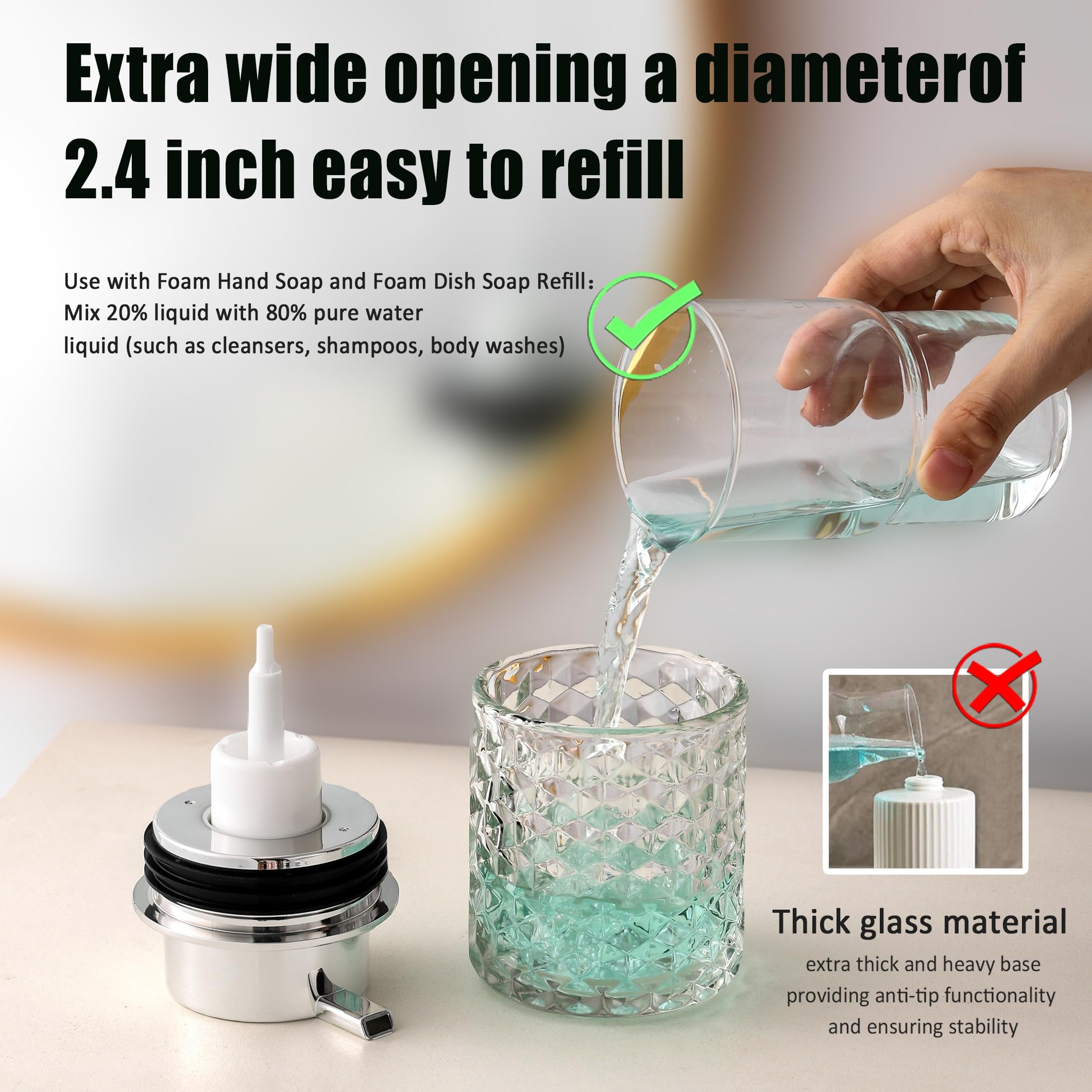 MALACHI Foaming Hand Soap Dispenser, Bathroom Soap Dispenser or Lotion Dispenser for Kitchen,Refillable Clear Glass Soap Dispenser with Large Pump (Clear-Foaming)