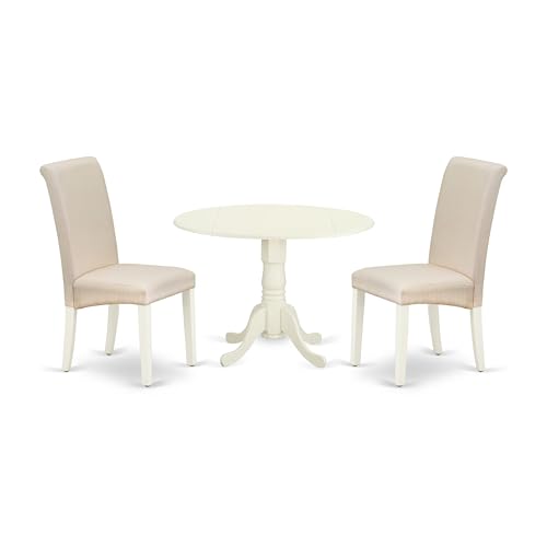 East West Furniture DLBA3-WHI-01 3 Piece Modern Dining Table Set Contains a Round Wooden Table with Dropleaf and 2 Cream Linen Fabric Upholstered Parson Chairs, 42x42 Inch, Linen White