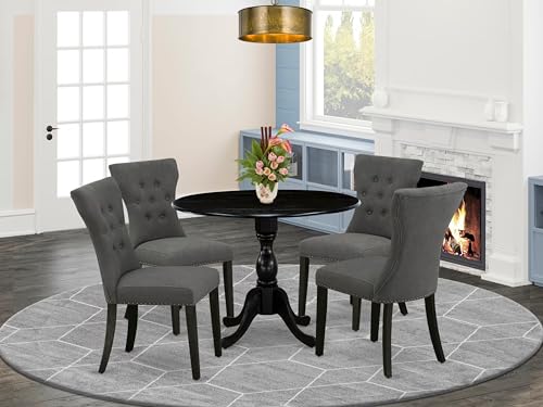 East West Furniture DMGA5-ABK-50 5 Piece Dining Room Table Set Includes a Round Dining Table with Dropleaf and 4 Dark Gotham Linen Fabric Upholstered Parson Chairs, 42x42 Inch, Wirebrushed Black