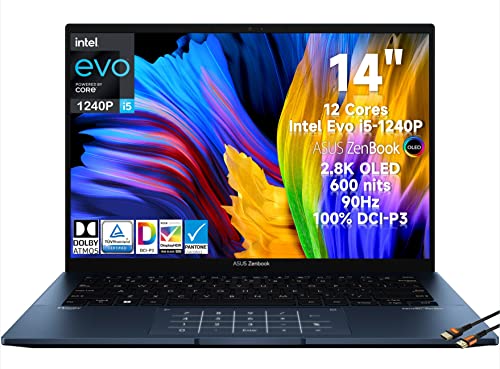 ASUS Zenbook 14" 2.8K OLED Laptop 12 Cores 12th Gen Intel Evo i5-1240P 600 nits 90Hz 100% DCI-P3, 18 hrs Battery Life, Thunderbolt 4, WiFi 6E w/HDMI Cable(8GB RAM | 256GB PCIe SSD)