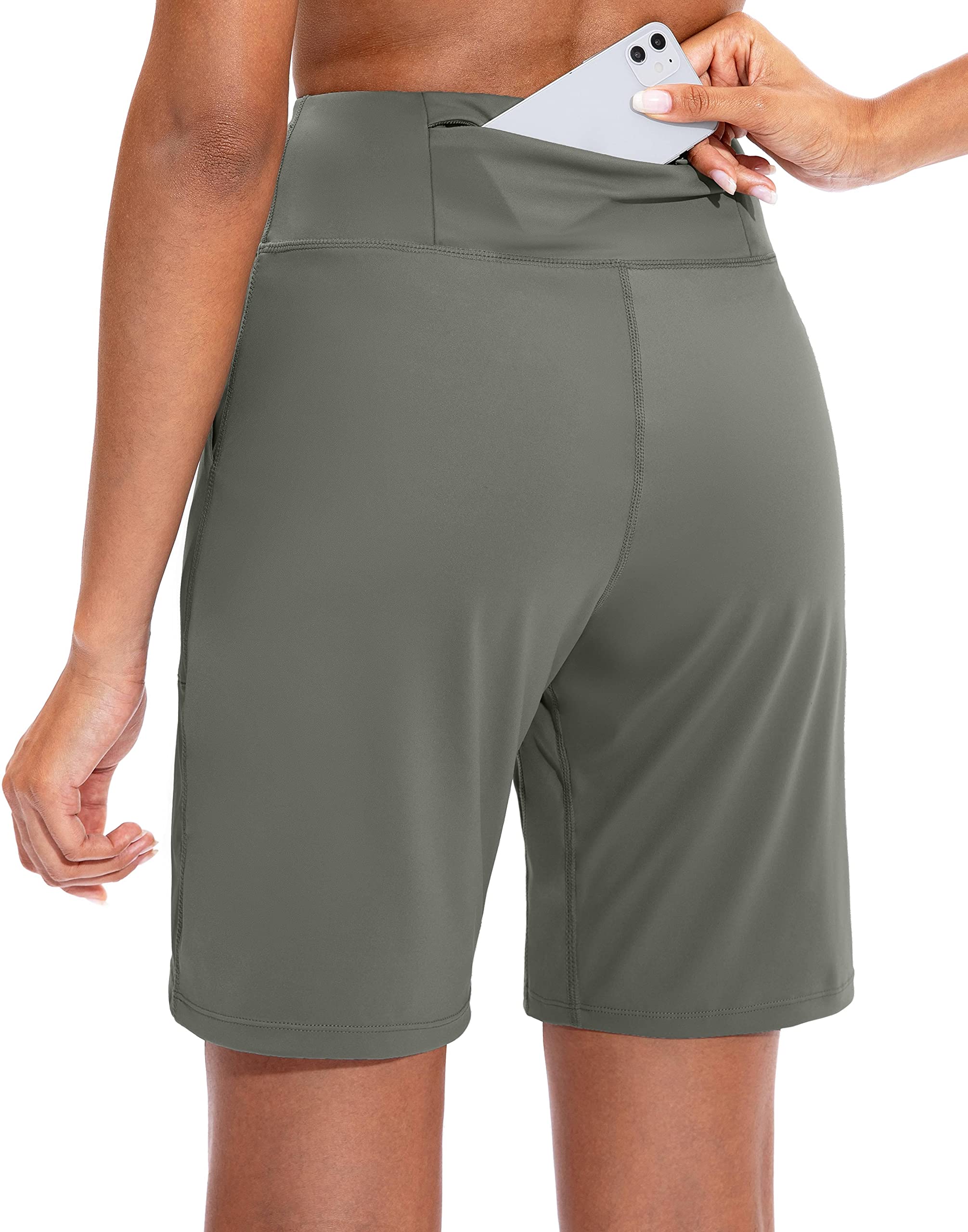 SANTINY Bermuda Shorts for Women with Zipper Pocket Womens High Waisted Long Shorts for Running Workout Athletic(Grey Sage_XL)