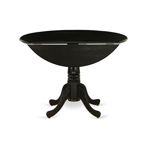 East West Furniture DMGA5-ABK-50 5 Piece Dining Room Table Set Includes a Round Dining Table with Dropleaf and 4 Dark Gotham Linen Fabric Upholstered Parson Chairs, 42x42 Inch, Wirebrushed Black