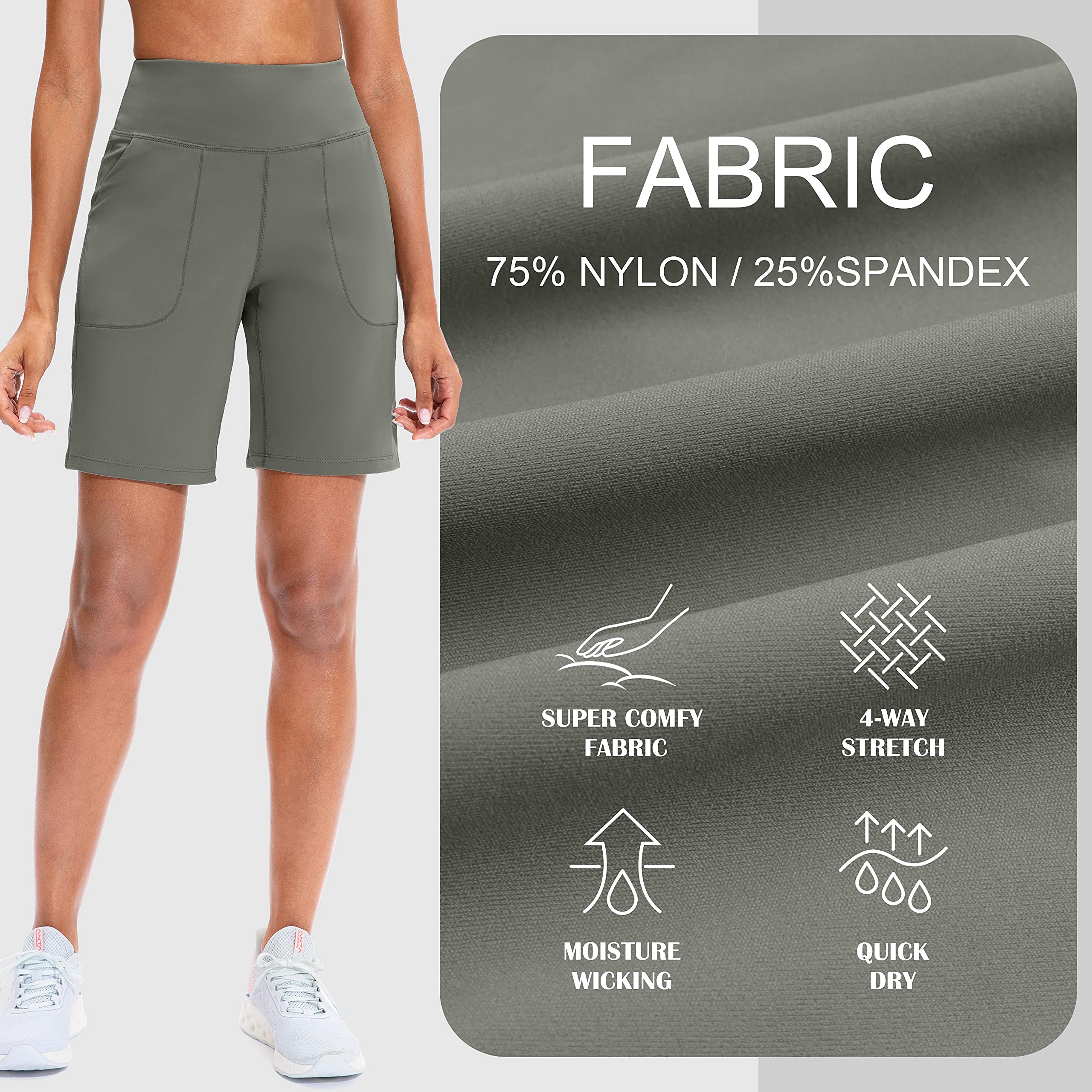 SANTINY Bermuda Shorts for Women with Zipper Pocket Womens High Waisted Long Shorts for Running Workout Athletic(Grey Sage_XL)
