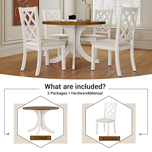 LIADTOP Modern, Mid-Century Solid Wood 5-Piece Set, 42'' Round Dining Table with 4 Upholstered Chairs for Small Places,Walnut+Beige