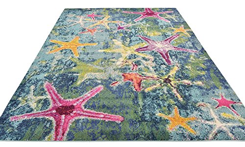 Unique Loom Positano Collection Coastal Modern Bright Colors Starfish Navy Blue Area Rug (8' x 10')