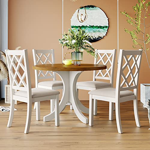LIADTOP Modern, Mid-Century Solid Wood 5-Piece Set, 42'' Round Dining Table with 4 Upholstered Chairs for Small Places,Walnut+Beige