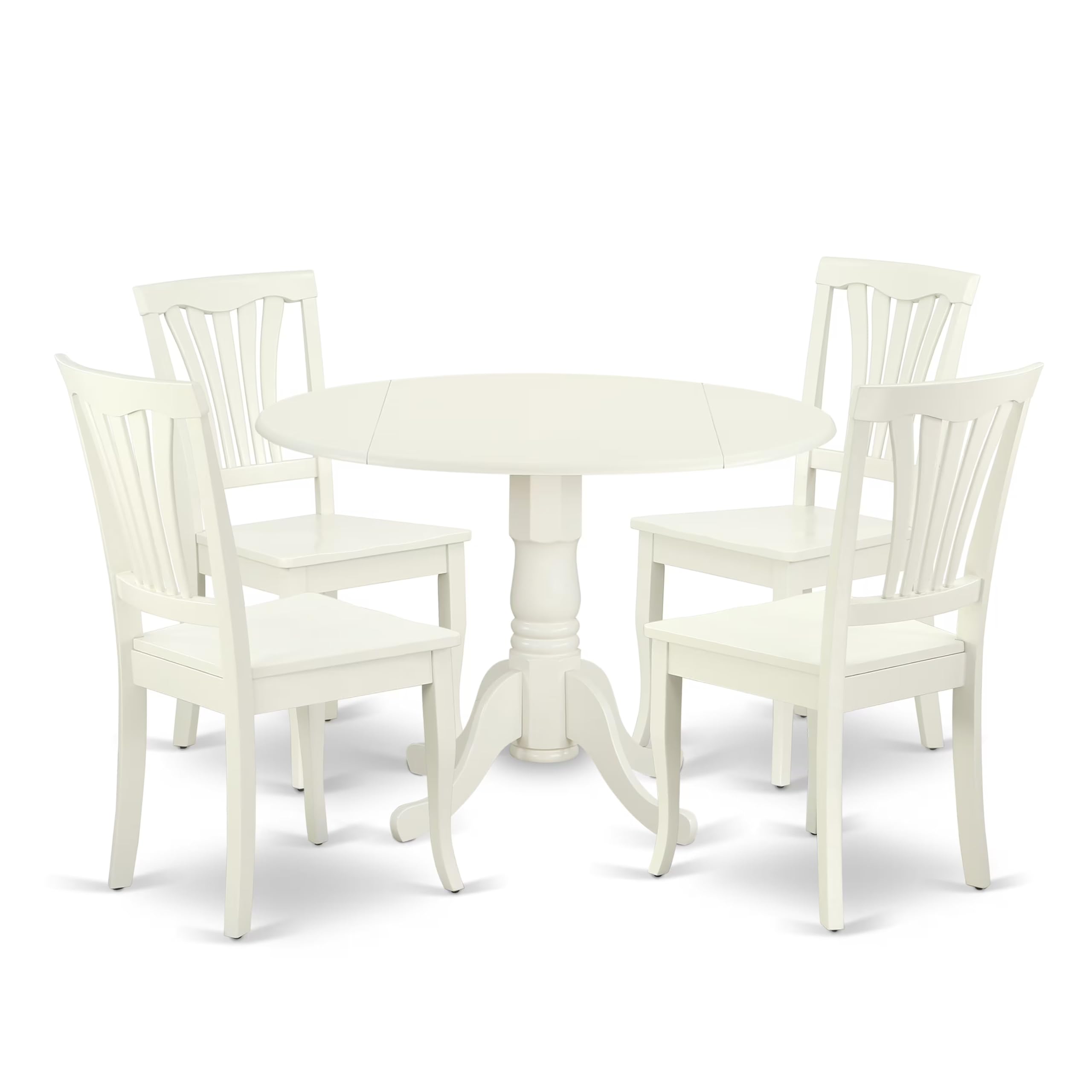 East West Furniture DLAV5-LWH-W 5 Piece Dining Set Includes a Round Dining Room Table with Dropleaf and 4 Wood Seat Chairs, 42x42 Inch, Linen White
