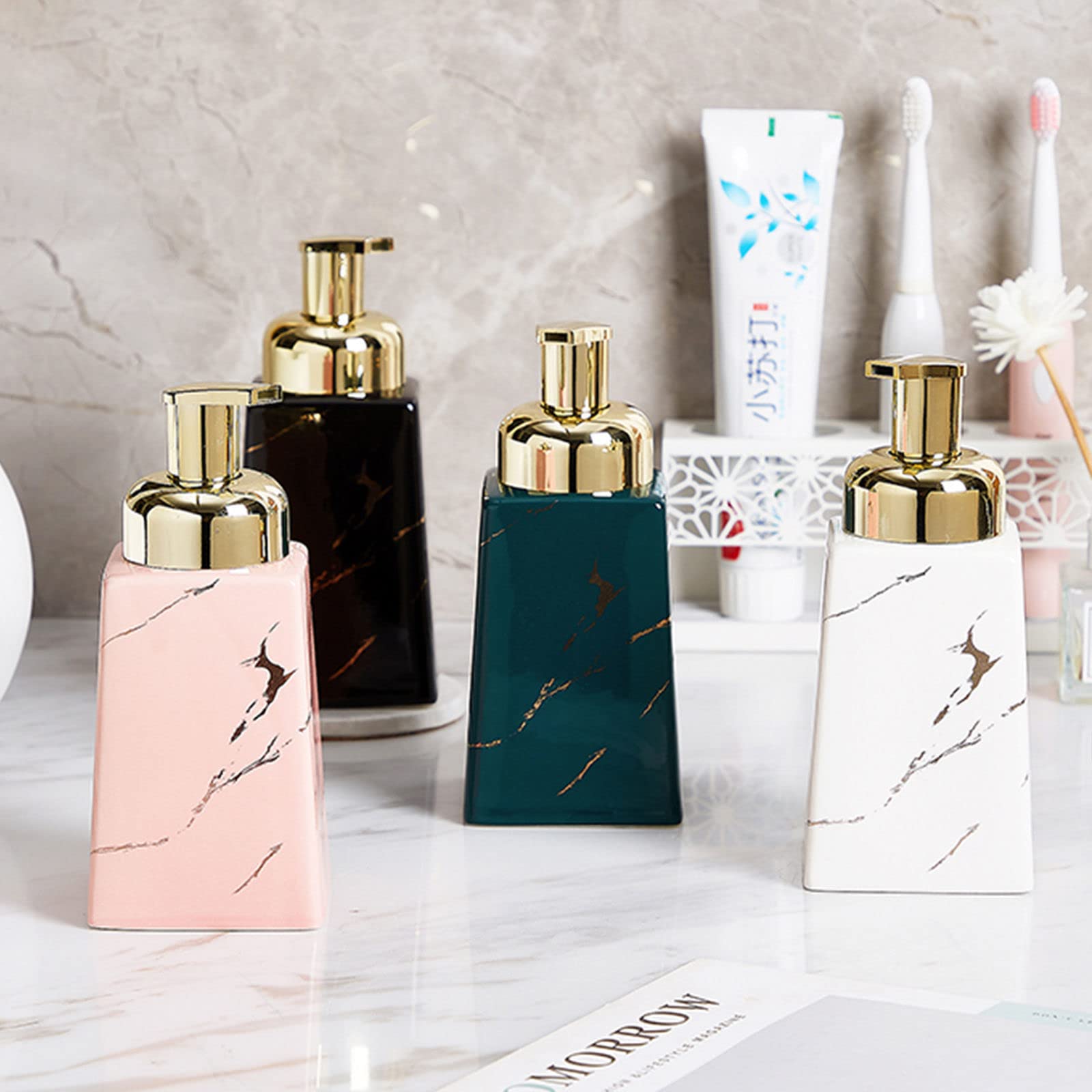 Soap Dispenser,/Marble Ceramic Foaming Soap Dispenser, Foam Soap Dispenser with Gold Pump, Hand Foaming Dispenser, for Barthroom Kitchen-pink-400ml/short (Color : Pink)