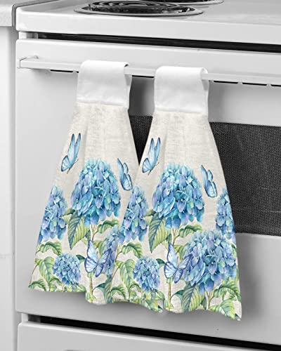 Big buy store Hanging Kitchen Towels Summer Hydrangea Flower Bathroom Hand Towels with Hanging Loop Butterfly Blue Floral Soft Absorbent Drying Dish Tie Towels for Kitchen Toilet Tabletop Home Decor