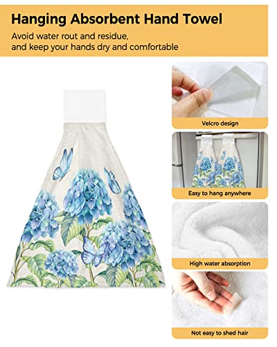 Big buy store Hanging Kitchen Towels Summer Hydrangea Flower Bathroom Hand Towels with Hanging Loop Butterfly Blue Floral Soft Absorbent Drying Dish Tie Towels for Kitchen Toilet Tabletop Home Decor