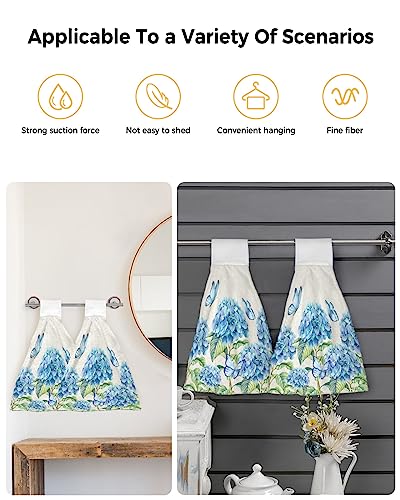 Big buy store Hanging Kitchen Towels Summer Hydrangea Flower Bathroom Hand Towels with Hanging Loop Butterfly Blue Floral Soft Absorbent Drying Dish Tie Towels for Kitchen Toilet Tabletop Home Decor