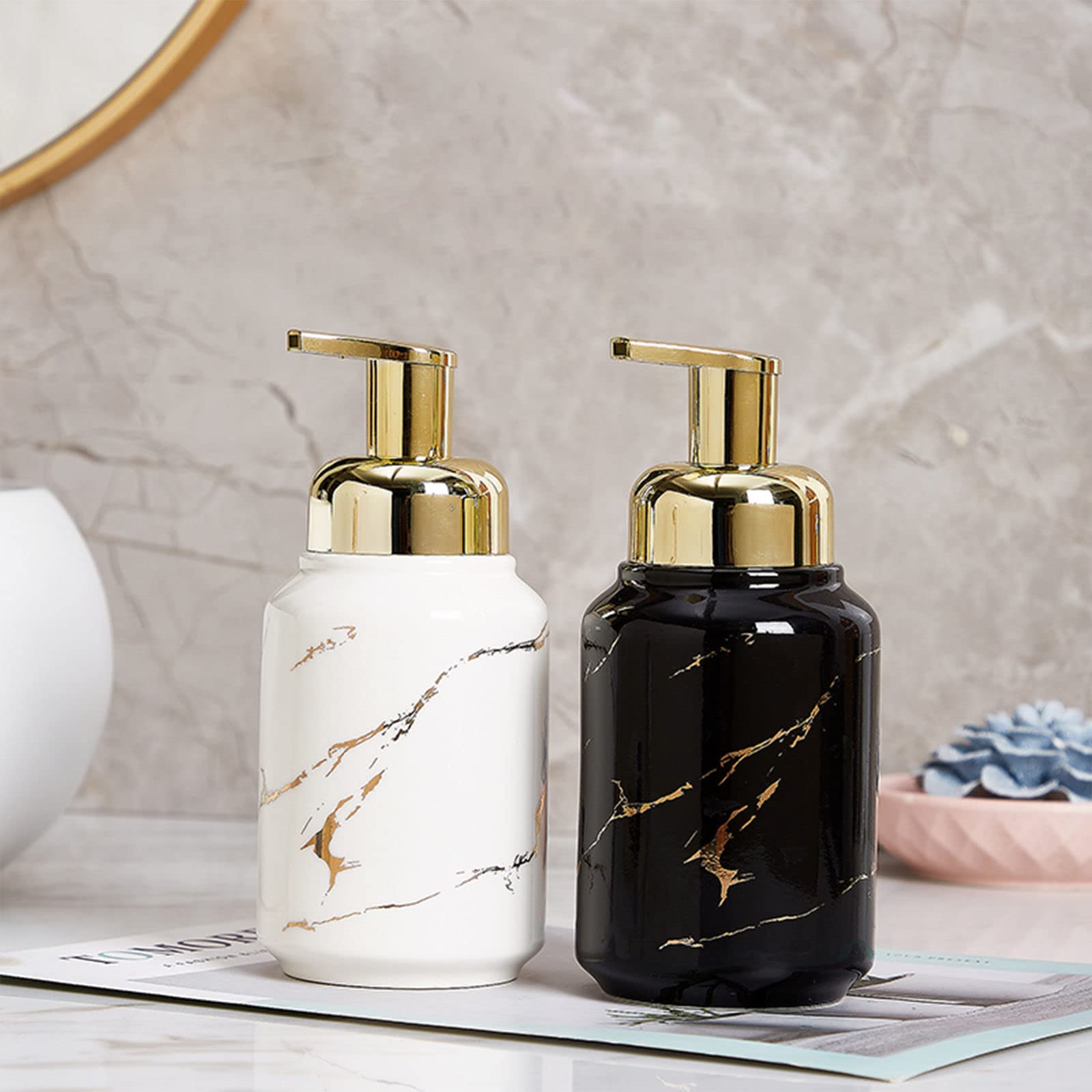 Soap Dispenser,/Marble Ceramic Foaming Soap Dispenser, Foam Soap Dispenser with Gold Pump, Hand Foaming Dispenser, for Barthroom Kitchen-pink-400ml/short (Color : Pink)